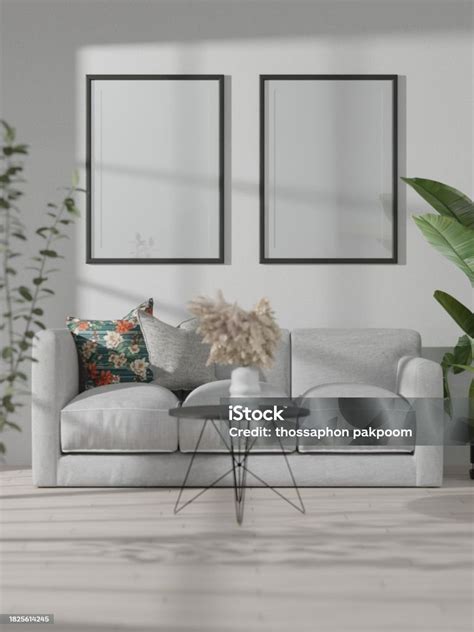모형 포스터 빈 그림에 두 개의 검은 나무 프레임 거실 인테리어 수직 나무 바닥 일러스트 3d 렌더링에 소파가 있습니다 0명에 대한 스톡 사진 및 기타 이미지 Istock