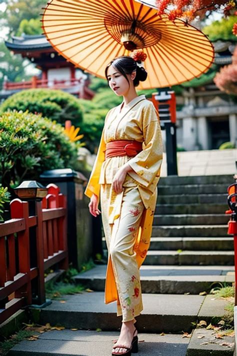 優雅な若い日本人女性が優雅な秋のテーマの着物で歩いている写実的な写真 浅草の雷門の巨大な赤い提灯に向かって石段を徐々に上っています