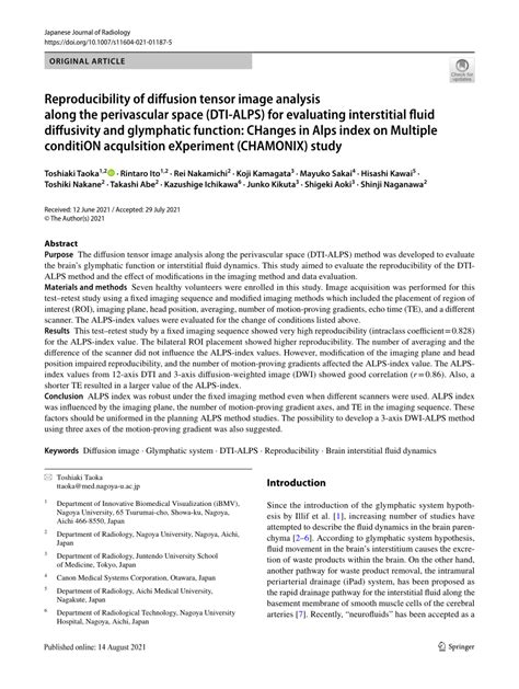 Pdf Reproducibility Of Diffusion Tensor Image Analysis Along The Perivascular Space Dti Alps