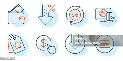 통화 지갑 및 낮은 비율 아이콘 세트를 구입합니다 환불 수수료 로열티 태그 및 다운로드 화살표 표지판 벡터 가격에 대한 스톡 벡터 아트 및 기타 이미지 Istock