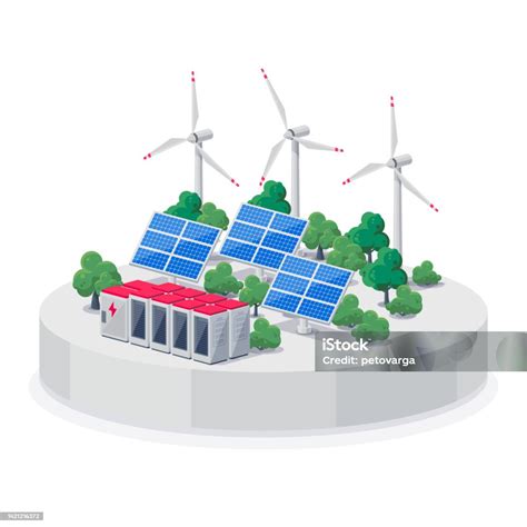 태양풍 및 배터리 저장을 갖춘 신재생 에너지 스마트 그리드 발전소 마이크로그리드에 대한 스톡 벡터 아트 및 기타 이미지