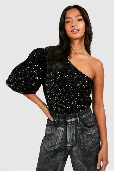 Petite Velvet Sequin Puff Sleeve Bodysuit Boohoo