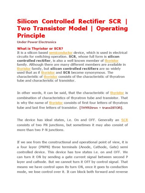 Silicon Controlled Rectifier Scr Two Transistor Model Operating Principle Pdf Bipolar