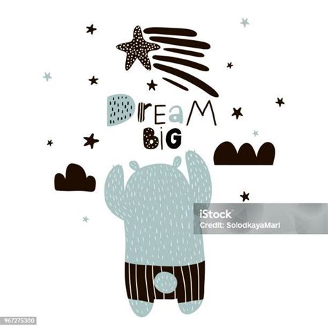 꿈 큰 글자 귀여운 만화 곰 보 스 칸디 나 비아 스타일입니다 보육 아이 들 의류 포스터 엽서에 대 한 유치 한 인쇄 벡터 일러스트 레이 션 0명에 대한 스톡 벡터 아트 및