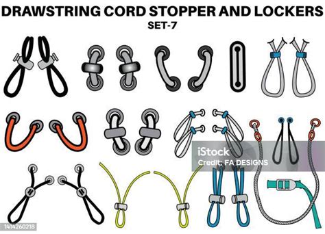 드로우 스트링 코드 스토퍼 플랫 스케치 벡터 일러스트 레이터 Draw 문자열 잠금 슬라이더 세트는 가방 백 백 재킷 반바지 용