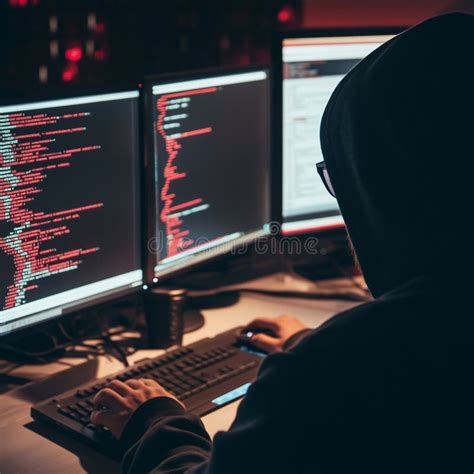 A Hacker In A Dark Hoodie Working On A Computer With Red Warning Alerts