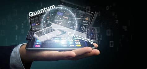 businessman holding quantum computing concept with qubit and devices 3d