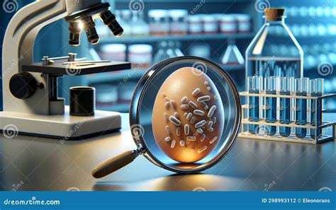 Laboratory Setting With Egg Magnified To Show Bacteria Representing