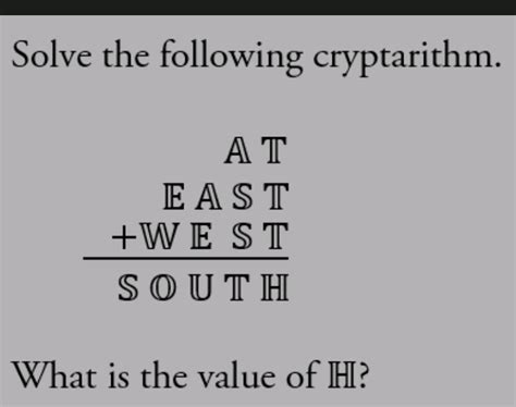 Solve The Following Cryptarithm At East West South What Is The Value Of H