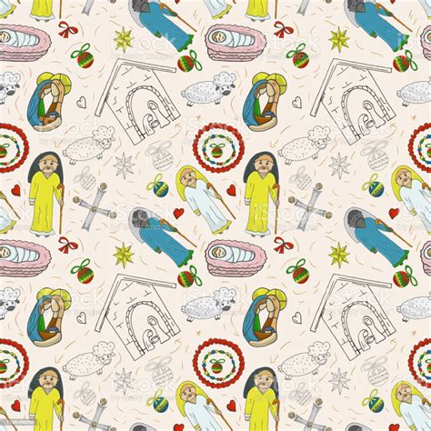 정통 크리스마스 색상 과 윤곽 일러스트 원활한 패턴 아기 낙서 레이아웃 디자인 유아 크로스 스타 Magi 헛간 양 나비 천사 장난감 공 배경 격리 개념에 대한 스톡 벡터