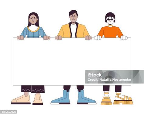 빈 포스터 플랫 라인 컬러 벡터 문자를 들고 있는 다국적 사람들 2차 도형에 대한 스톡 벡터 아트 및 기타 이미지 2차 도형