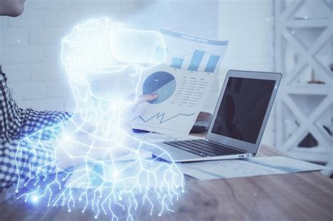 Premium Photo Ar Hologram With Man Working On Computer On Background Augmented Reality Concept