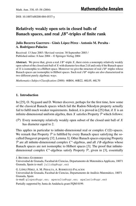 Pdf Relatively Weakly Open Sets In Closed Balls Of Banach Spaces And