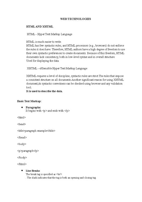 Web Notes 2 Web Technologies Html And Xhtml Html Hyper Text Markup