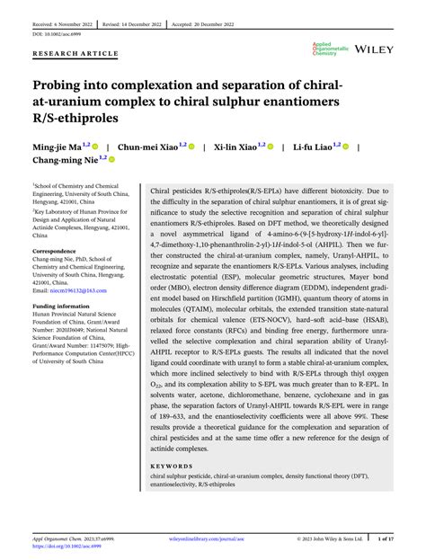 Probing Into Complexation And Separation Of Chiral‐at‐uranium Complex