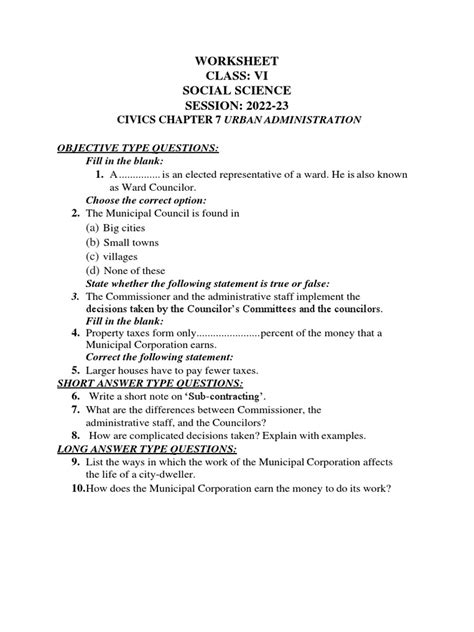 Class Vi Civics Ch7 Worksheet Pdf Taxes Councillor
