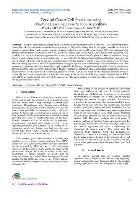 Pdf Cervical Cancer Cell Prediction Using Machine Learning Classification Algorithms