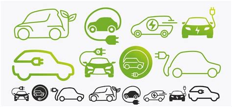 플러그 아이콘 기호가 있는 전기 자동차 세트 Ev 자동차 녹색 하이브리드 차량 충전 포인트 디자인 로고 프리미엄 벡터