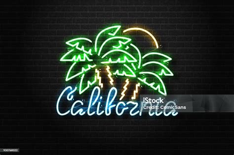 현실적인 벡터 고립 팜와 장식와 벽 배경에 대 한 태양 캘리포니아 로고의 네온 사인 해변 서핑 여름의 개념입니다 네온에 대한 스톡 벡터 아트 및 기타 이미지 Istock