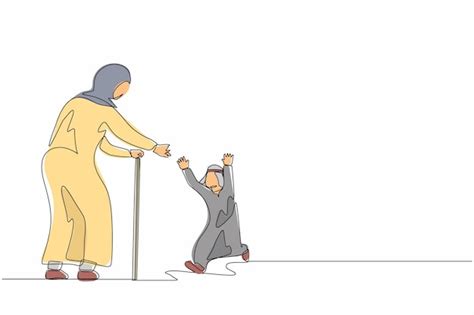 아라비아의 작은 소년이 할아버지와 할머니를 만나는 연속적인 한 줄 그림 행복한 가족 터 그래픽 프리미엄 벡터
