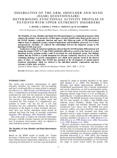 Pdf Disabilities Of The Arm Shoulder And Hand Dash Questionnaire Determining Functional