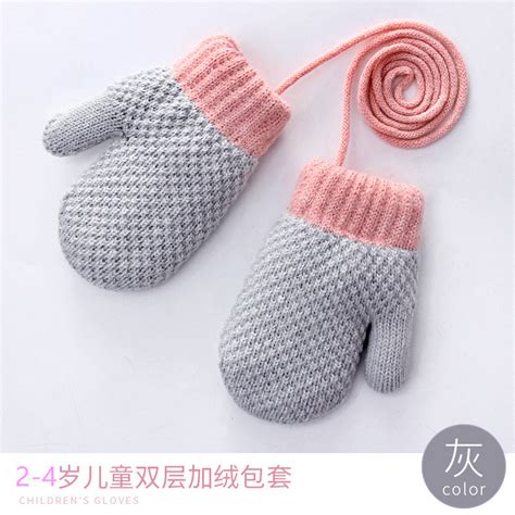 秋冬季小宝宝连指针织儿童手套批发可爱包指加绒保暖防寒幼童挂脖 阿里巴巴