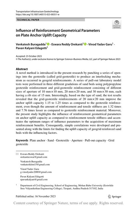 Influence Of Reinforcement Geometrical Parameters On Plate Anchor Uplift Capacity Request Pdf