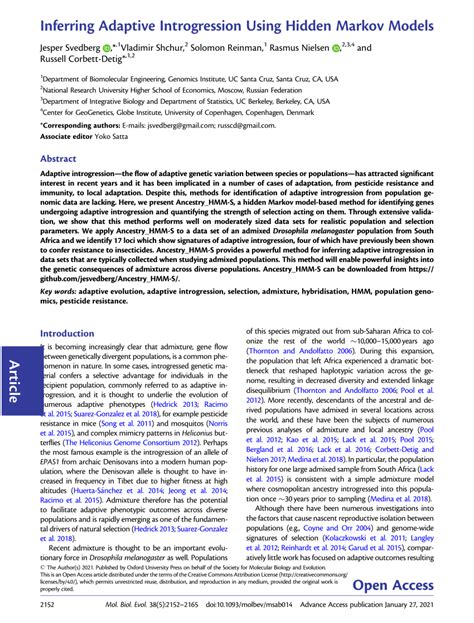 Pdf Inferring Adaptive Introgression Using Hidden Markov Models