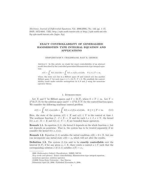 Pdf Exact Controllability Of Generalized Hammerstein Type Integral