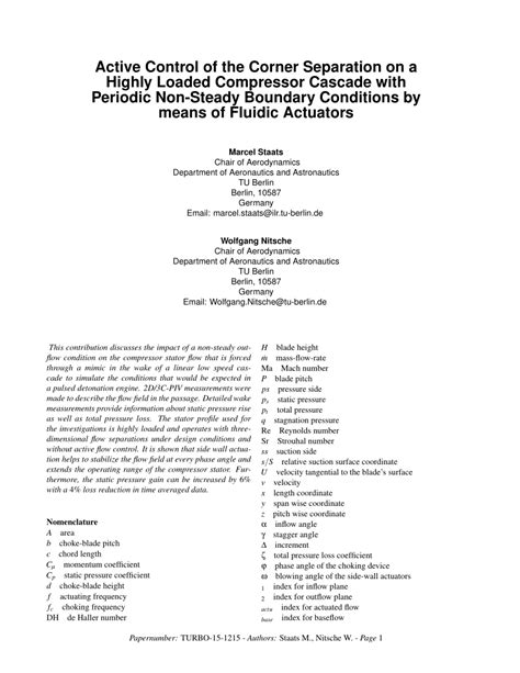 Pdf Active Control Of The Corner Separation On A Highly Loaded Compressor Cascade With