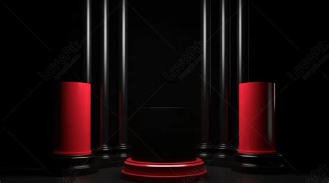 제품 전시를 위한 눈길을 끄는 3d 레드 포디움과 블랙 게이트 3기둥 포디엄 디자인 눈길 배경 빨간색 배경 레드 배경 이미지 Hd 눈길 빨간색 레드 배경 사진