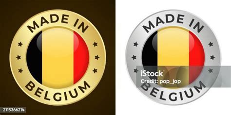 벨기에에서 제작 벡터 그래픽 둥근 금색과 은색 라벨 배지 엠블럼은 벨기에의 국기와 벨기에에서 만든 텍스트로 설정됩니다 흰색과 어두운 배경에 고립됨 3차원 형태에 대한 스톡
