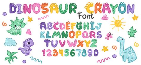 알파벳 문자와 숫자가 있는 공룡 크레용 글꼴 귀여운 공룡 캐릭터 컬렉션 손으로 그린 낙서 분필 스타일 디자인 보육원 또는 유치원