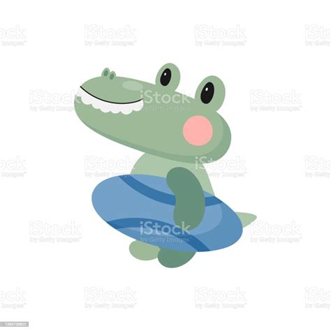 서프 보드와 악어 만화 스타일 벡터 일러스트레이션 카드 포스터 배너 어린이 책 팩에 인쇄 옷 직물 벽지 섬유 또는 접시에 인쇄 귀여운에 대한 스톡 벡터 아트 및 기타 이미지