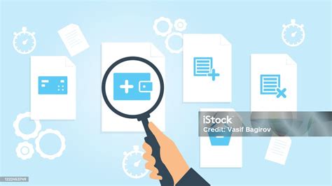 검색 아이콘으로 문서작성합니다 파일 및 돋보기 분석 연구 기호입니다 벡터 일러스트삭제 전자 상거래 상자 파일 문서 연구 벡터 일러스트 개념에 대한 스톡 벡터 아트 및 기타