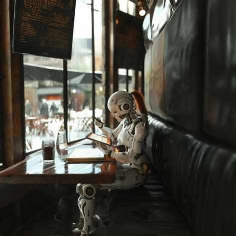 There Is A Small Robot Sitting At A Table In A Restaurant Generative Ai Premium Ai Generated Image