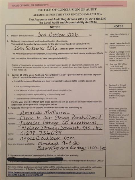 Conclusion Of Audit Over Stowey Parish Council