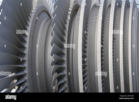 Close View On Low Pressure Turbine Rotor With Shrouded And Standing Blades Used In Nuclear Power