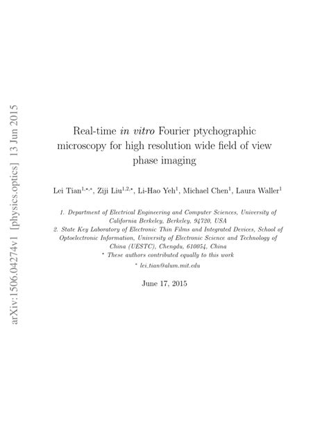 Pdf Real Time In Vitro Fourier Ptychographic Microscopy For High Resolution Wide Field Of View