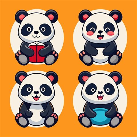 Four Cute Cartoon Pandas Sitting With Different Expressions And Holding Various Objects