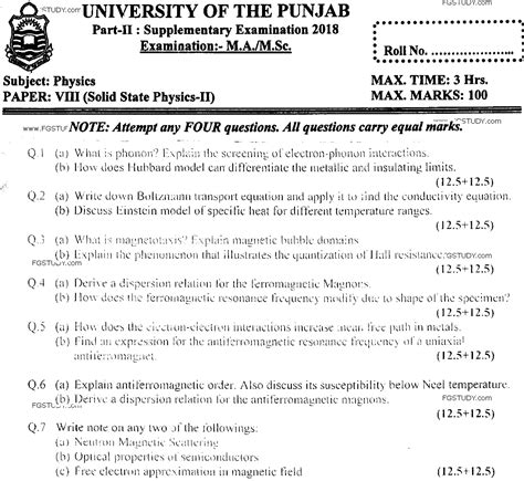 Msc Part 2 Physics Solid State Physics 2 Past Paper 2018 Punjab