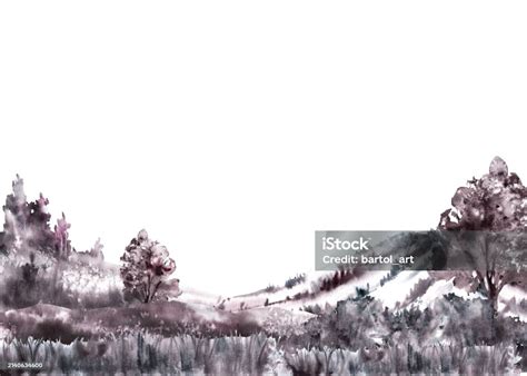 수채화 흑백 풍경 와 나무 들판 잔디 언덕 관목 손으로 그린 그림 0명에 대한 스톡 벡터 아트 및 기타 이미지 0명 검은색 고풍스런 Istock