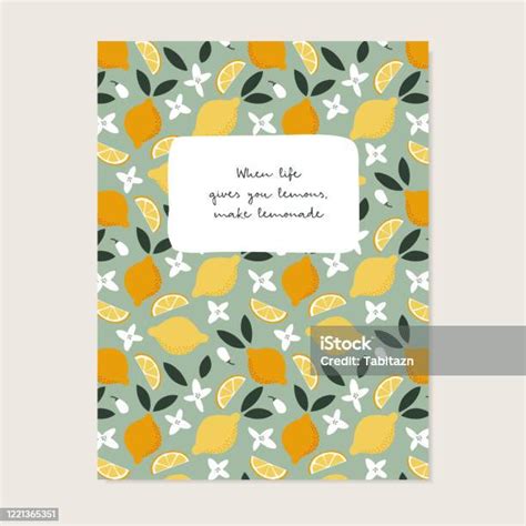 여름 인사말 카드 영감 동기 부여 따옴표와 초대 인생은 당신에게 레몬을 줄 때 레모네이드를합니다 레몬 과일 잎과 꽃 패턴 벡터 일러스트레이션 배경입니다 감귤류 과일에 대한