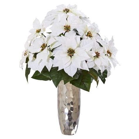 Nearly Natural Poinsettia Artificial Arrangement In Silver Cylinder