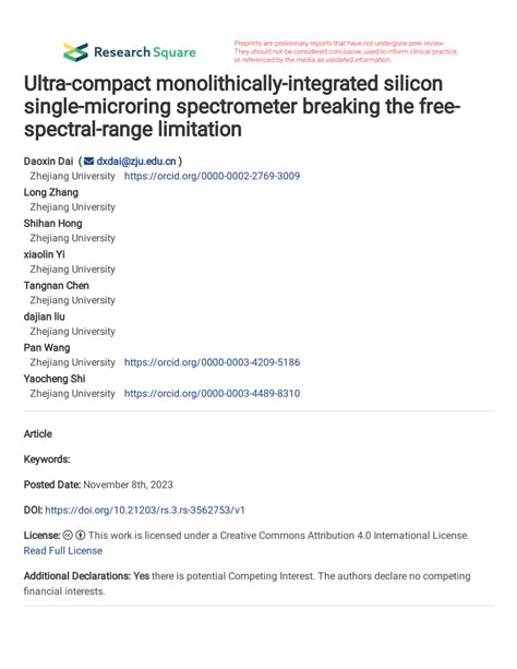 Pdf Ultra Compact Monolithically Integrated Silicon Single Microring Spectrometer Breaking The