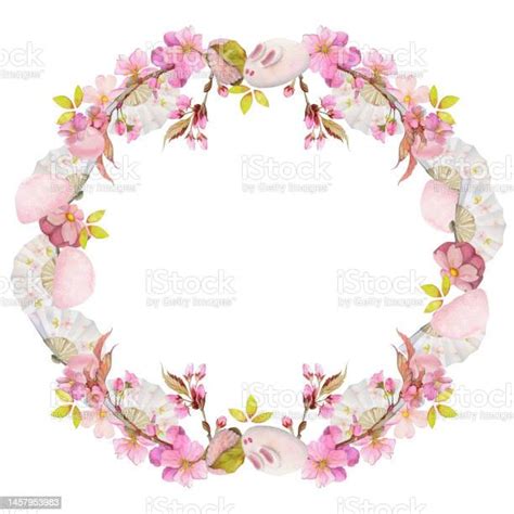 수채화 손으로 그린 일본 전통 과자 봄 와가시의 원형 화환 사쿠라 꽃 흰색 배경에 격리 초대장 레스토랑 메뉴 인사말 카드 인쇄 섬유 디자인 꽃 식물에 대한 스톡 벡터 아트