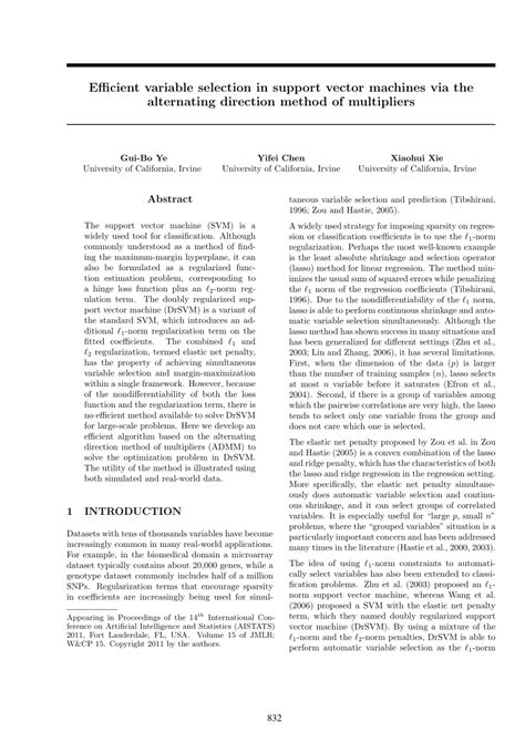 Pdf Efficient Variable Selection In Support Vector Machines Via The