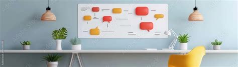 Modern Office Workspace With A Flowchart On The Wall Indoor Plants And Yellow Chair