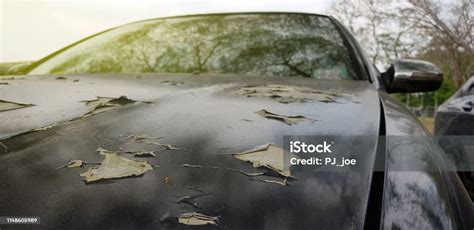 자동차 페인트 균열 빨간색 차의 금이 그려진 금속 표면 오래 된 차에 큰 녹 구멍 자동차의 도장 금속 표면에 손상 된 녹 구멍