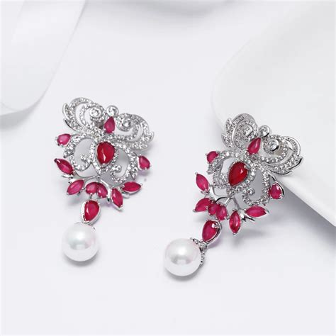 Новые поступления большой цветок серьги красный камень имитация жемчуга женщин серьги в